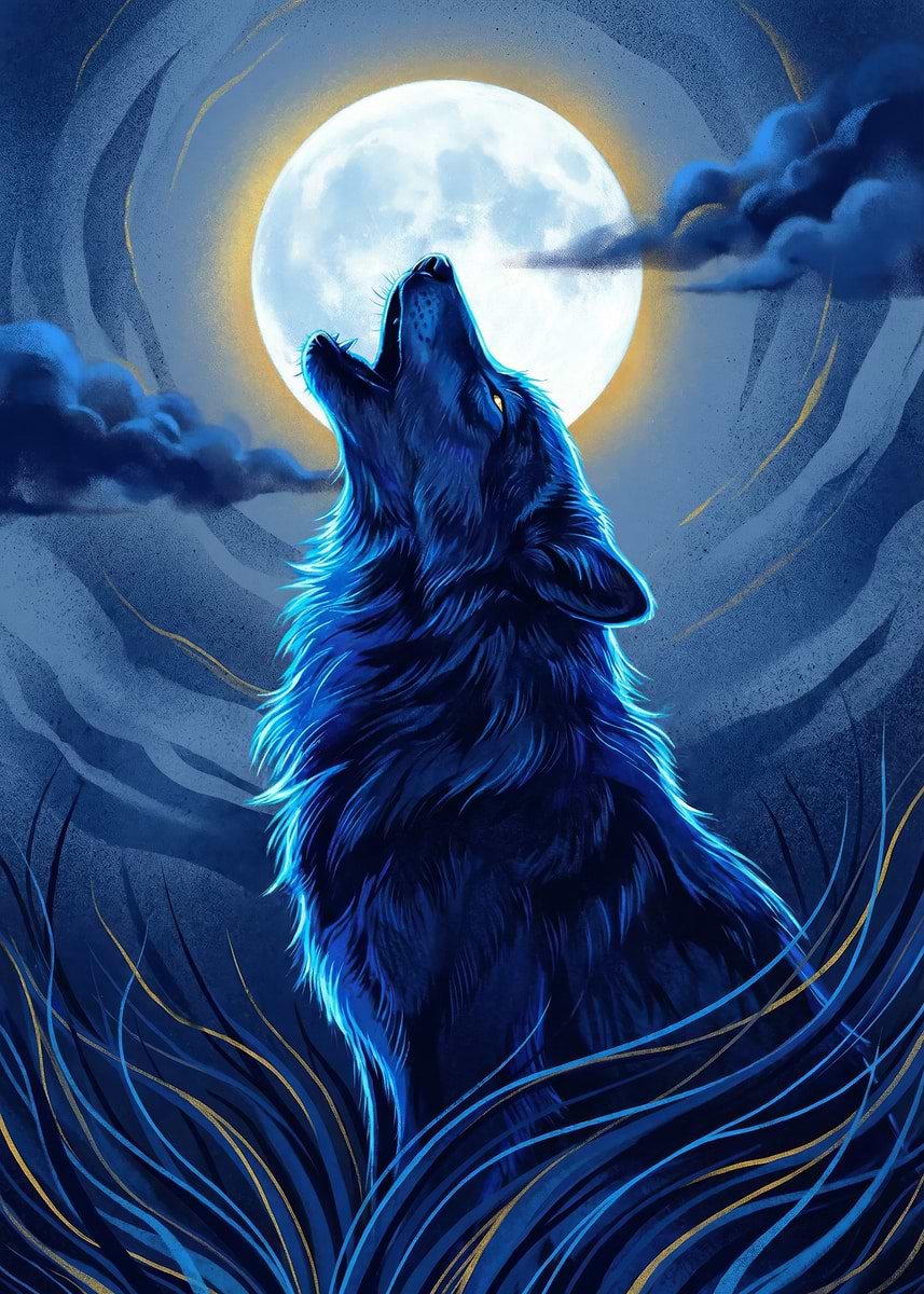 'Blue Wolf Howling at the Moon' Poster, picture, metal print, paint by ...