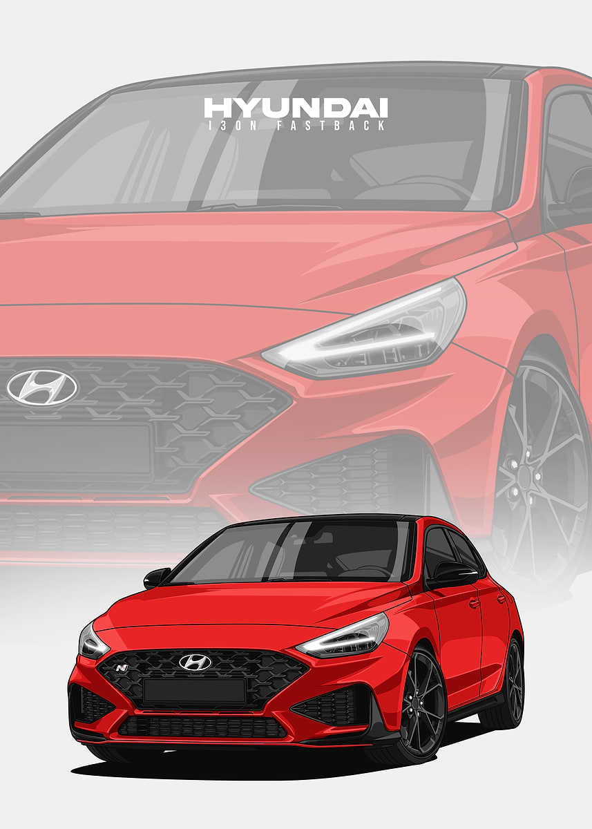 'Red Hyundai i30N Fastback Illustration' Poster, picture, metal print ...