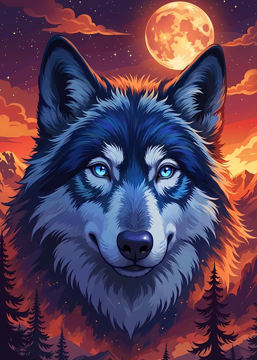 'Wolf Portrait Under Moonlight' Poster, picture, metal print, paint by ...