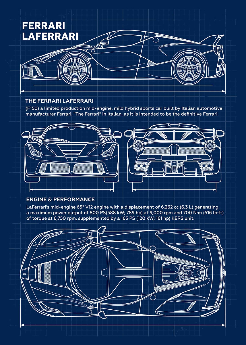 'Car Ferrari La Ferrari Blueprint' Poster, picture, metal print, paint ...