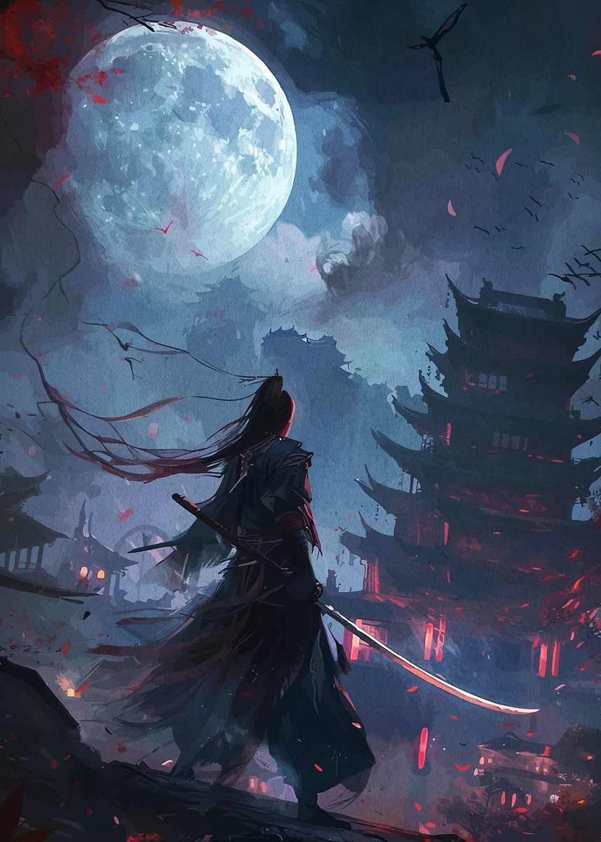 'Samurai under Moonlight' Poster, picture, metal print, paint by ...