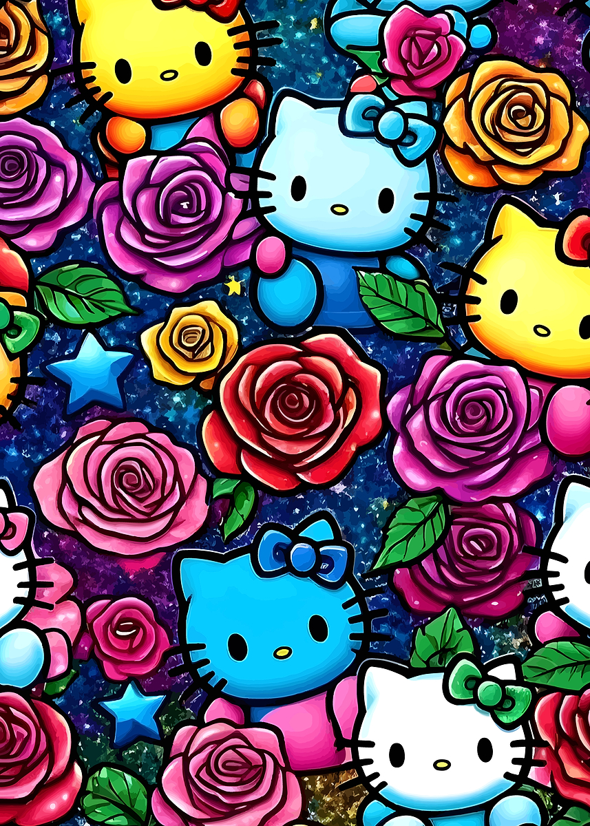 'Hello Kitty and Roses Pattern' Poster, picture, metal print, paint by ...