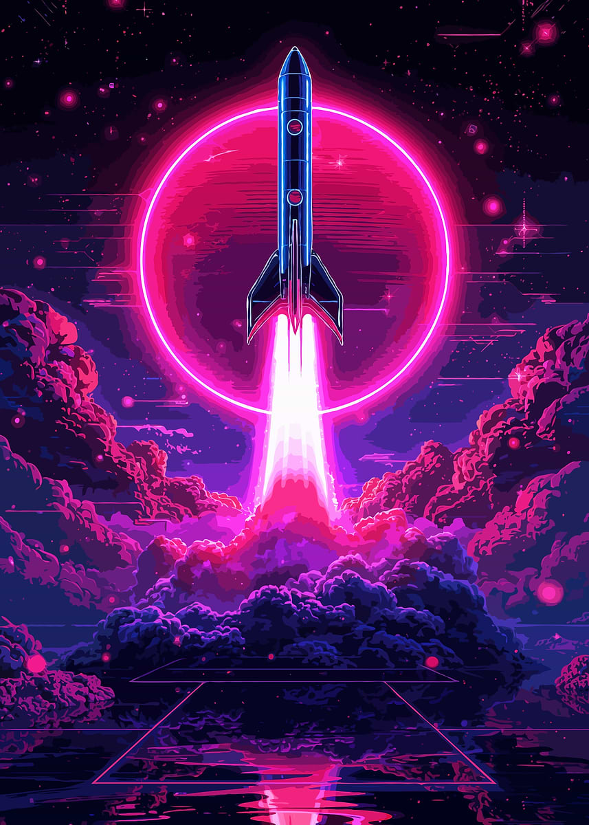'Neon Rocket Launch Illustration' Poster, picture, metal print, paint ...