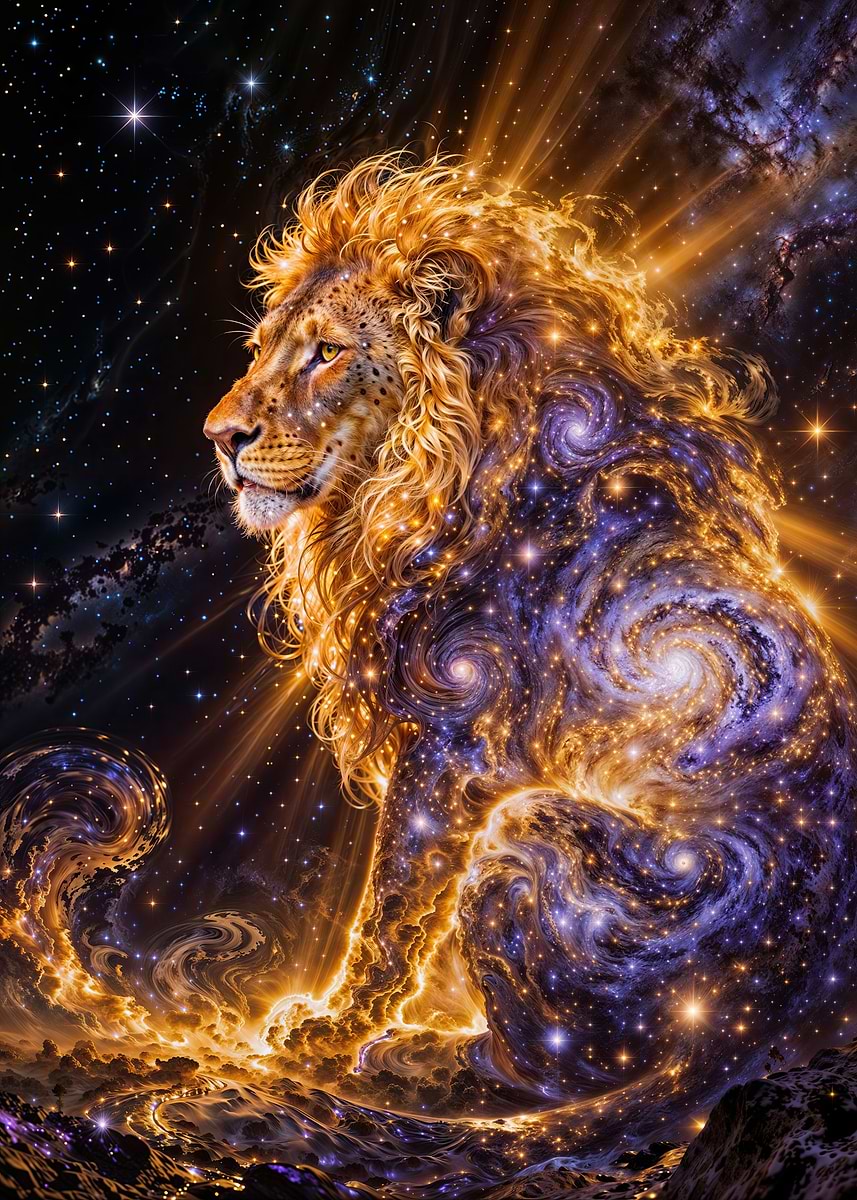 'Cosmic Galaxy Lion' Poster, picture, metal print, paint by HyperArt | Displate