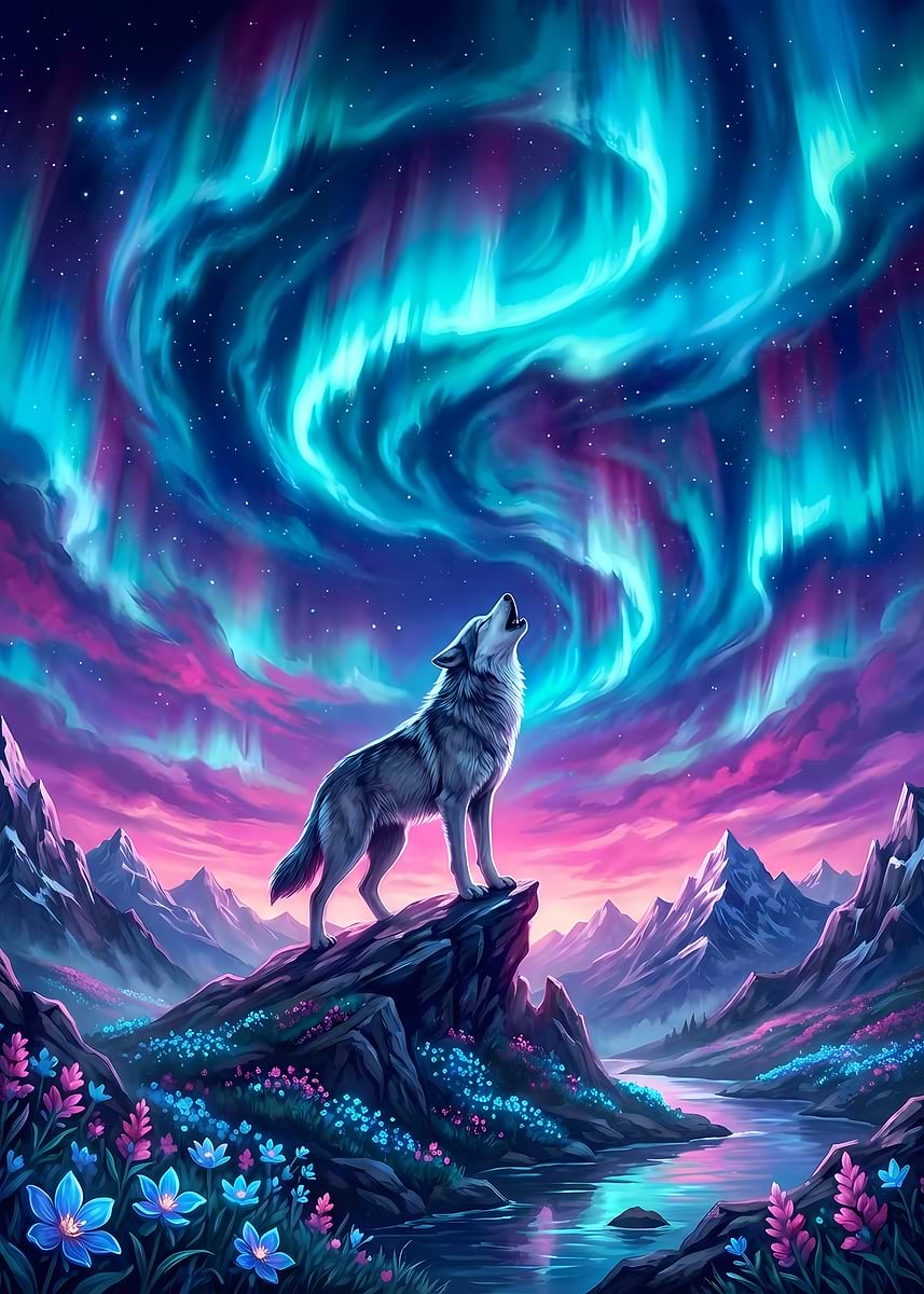 'Wolf Howling Under Aurora Borealis' Poster, picture, metal print ...