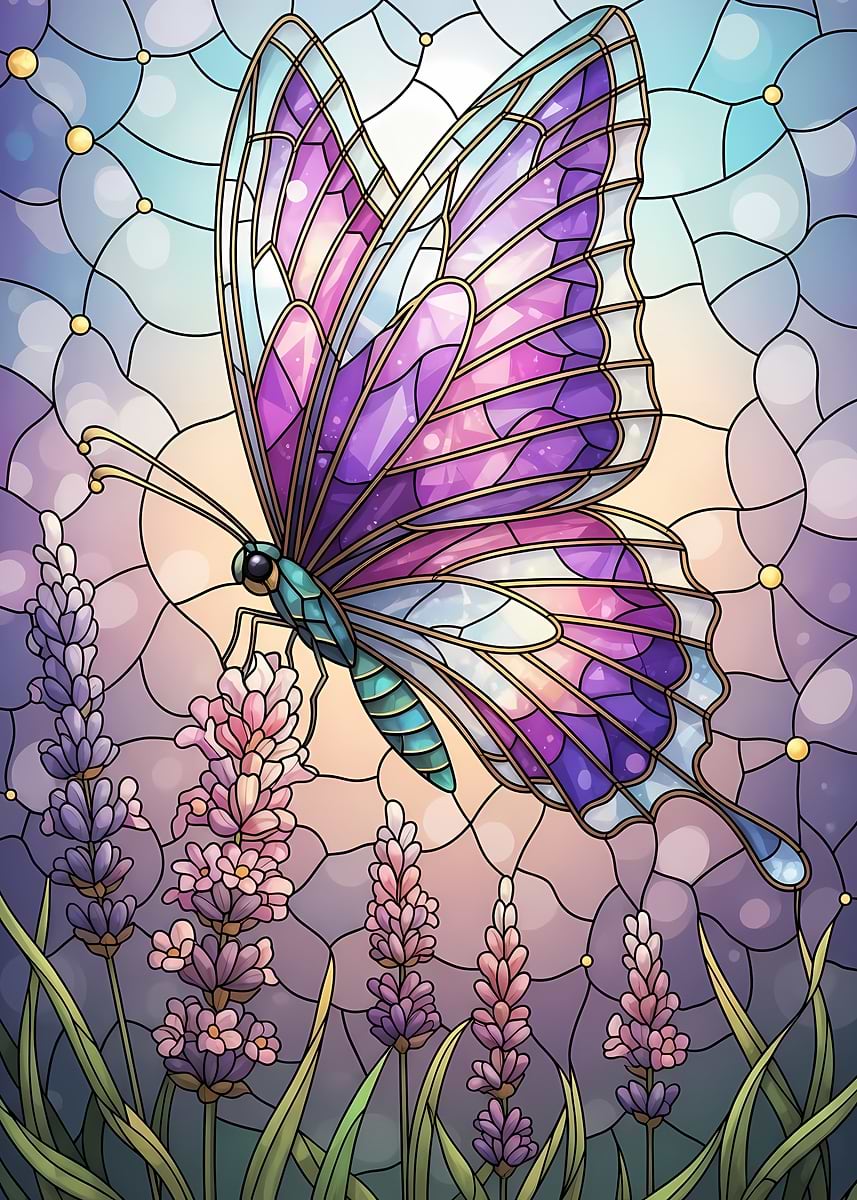 'Butterfly and Lavender Stained Glass Art' Poster, picture, metal print ...