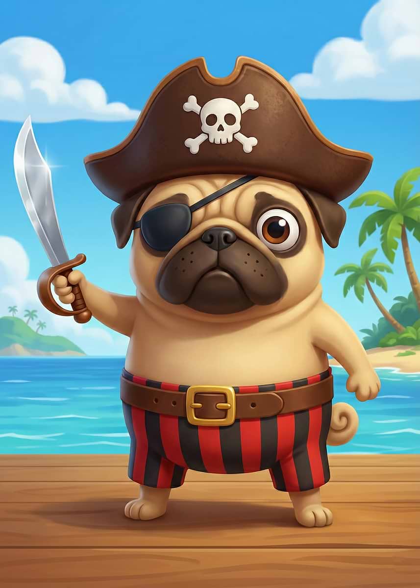 'Pirate Pug on Tropical Island' Poster, picture, metal print, paint by ...