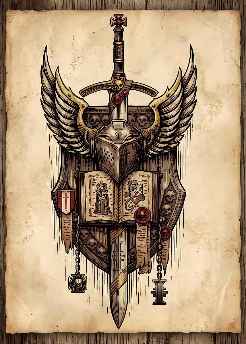 'Knightly Heraldic Emblem with Sword and Wings' Poster, picture, metal ...