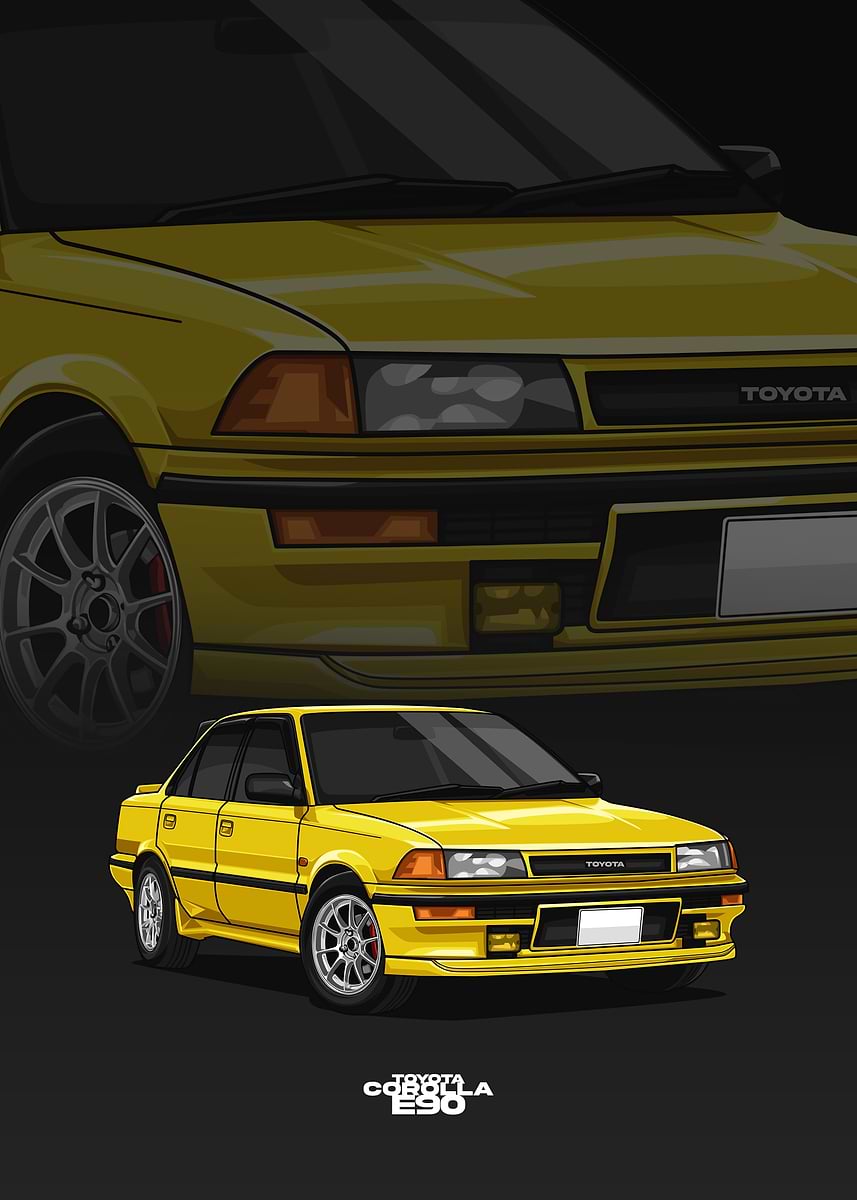 'Yellow Toyota Corolla E90 Illustration' Poster, picture, metal print ...