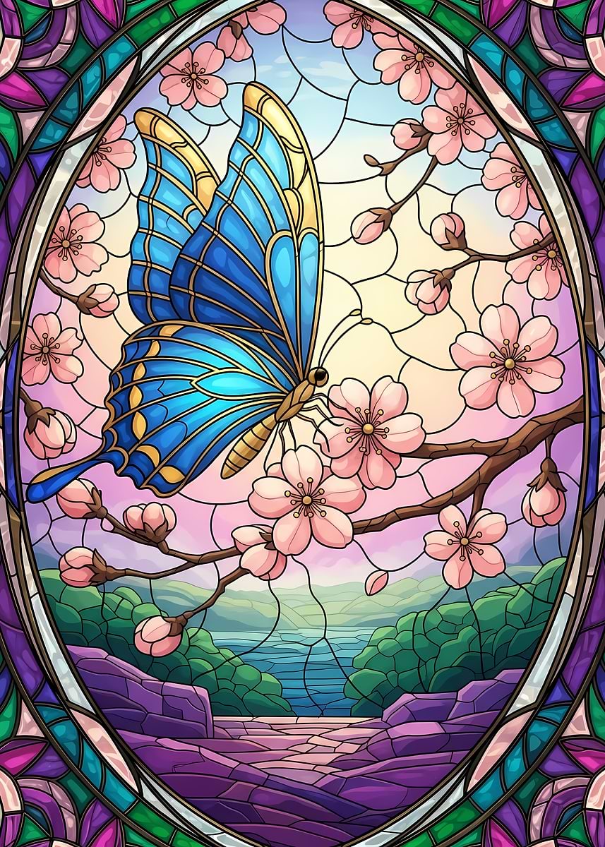 'Stained Glass Butterfly and Cherry Blossoms' Poster, picture, metal ...
