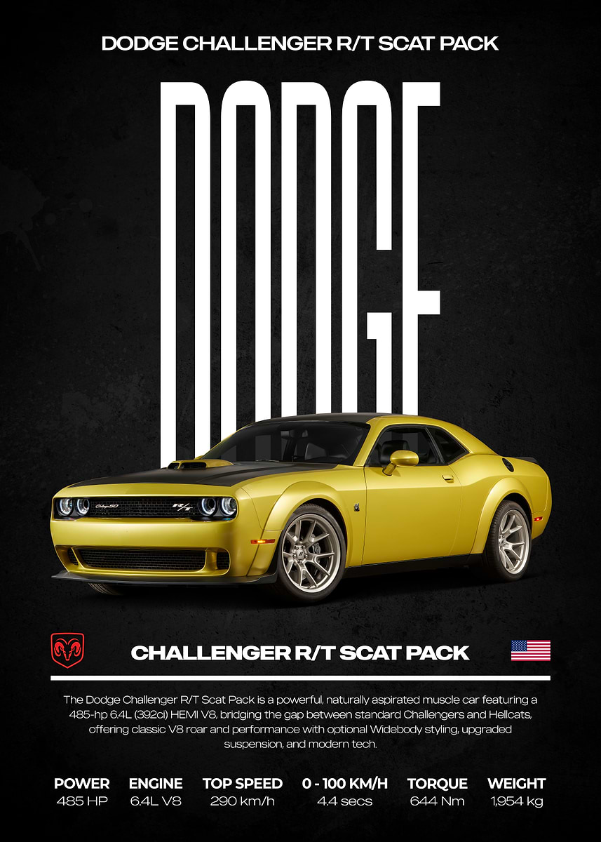 'Dodge Challenger R/T Scat Pack' Poster, picture, metal print, paint by ...