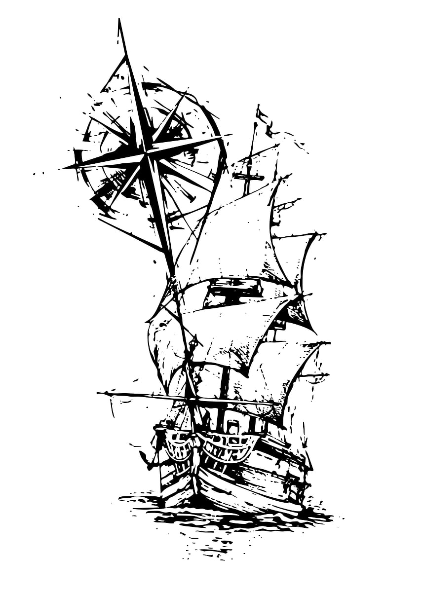 'Sailing Ship and Compass Rose Illustration' Poster, picture, metal ...
