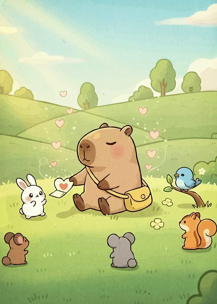 'Capybara with Love Letter in Meadow' Poster, picture, metal print, paint by Werner Mayert ...