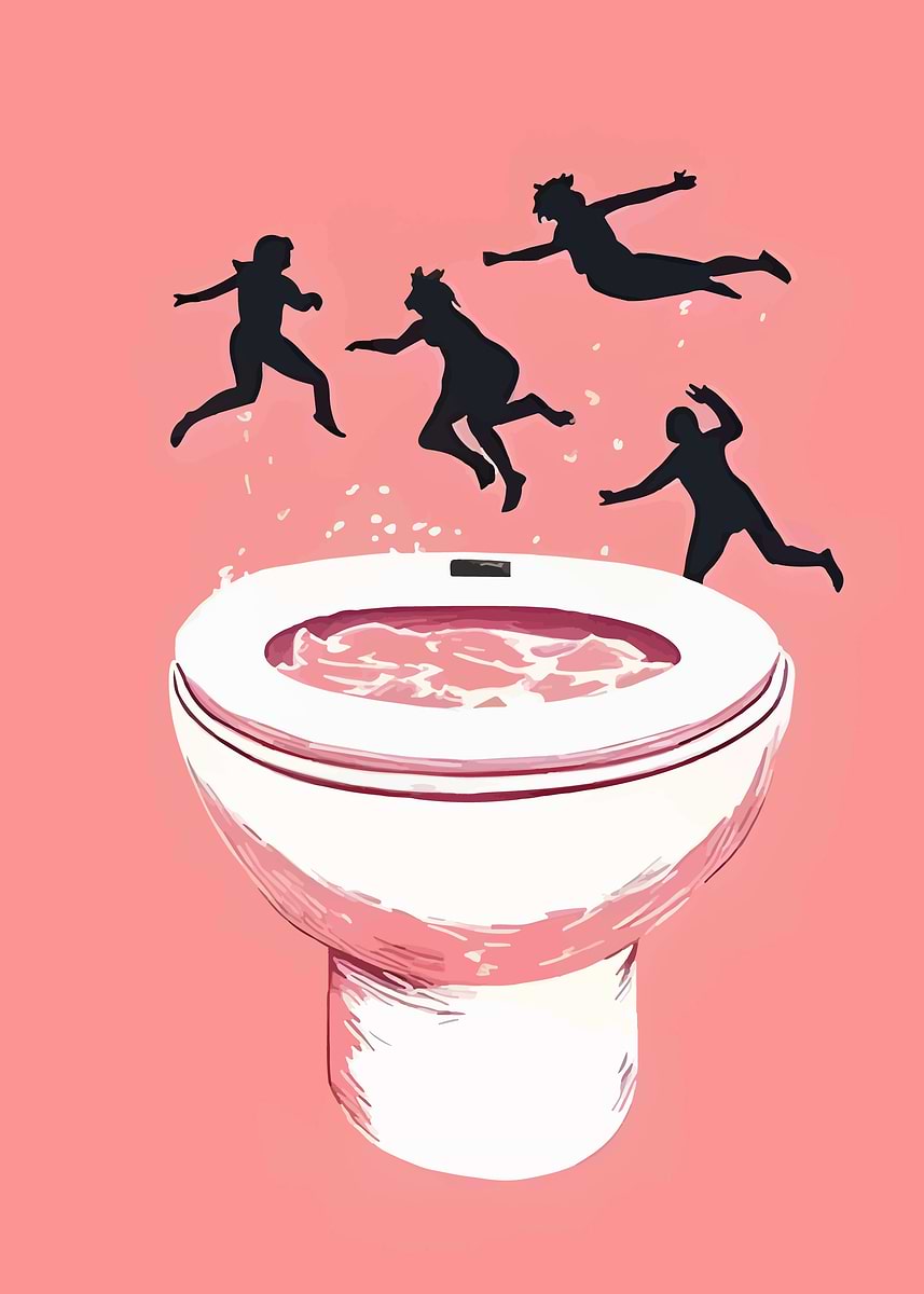 'People jumping into a toilet bowl' Poster, picture, metal print, paint ...