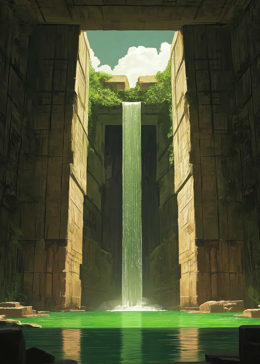 'Ancient Waterfall Temple' Poster, picture, metal print, paint by ...