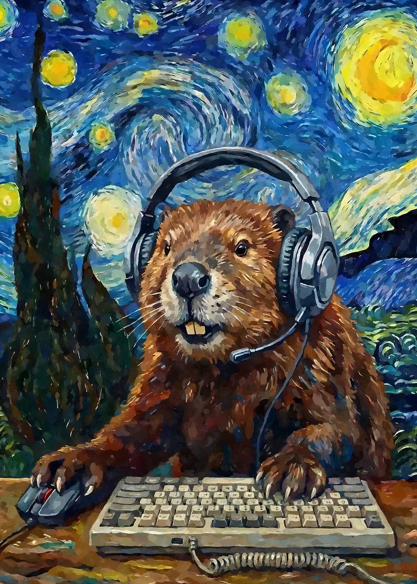 'Gamer Beaver Starry Night' Poster, picture, metal print, paint by ...