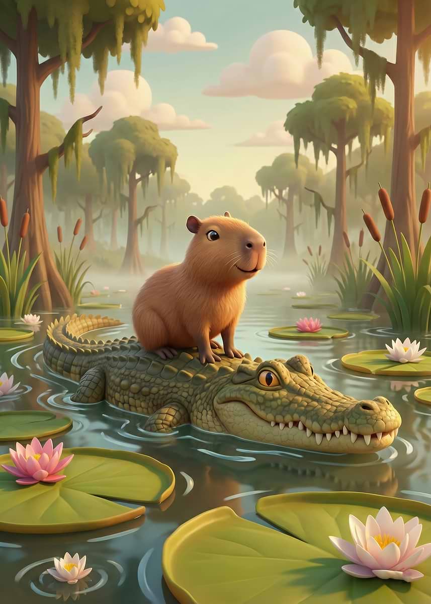 'Capybara and Alligator in Swamp' Poster, picture, metal print, paint ...