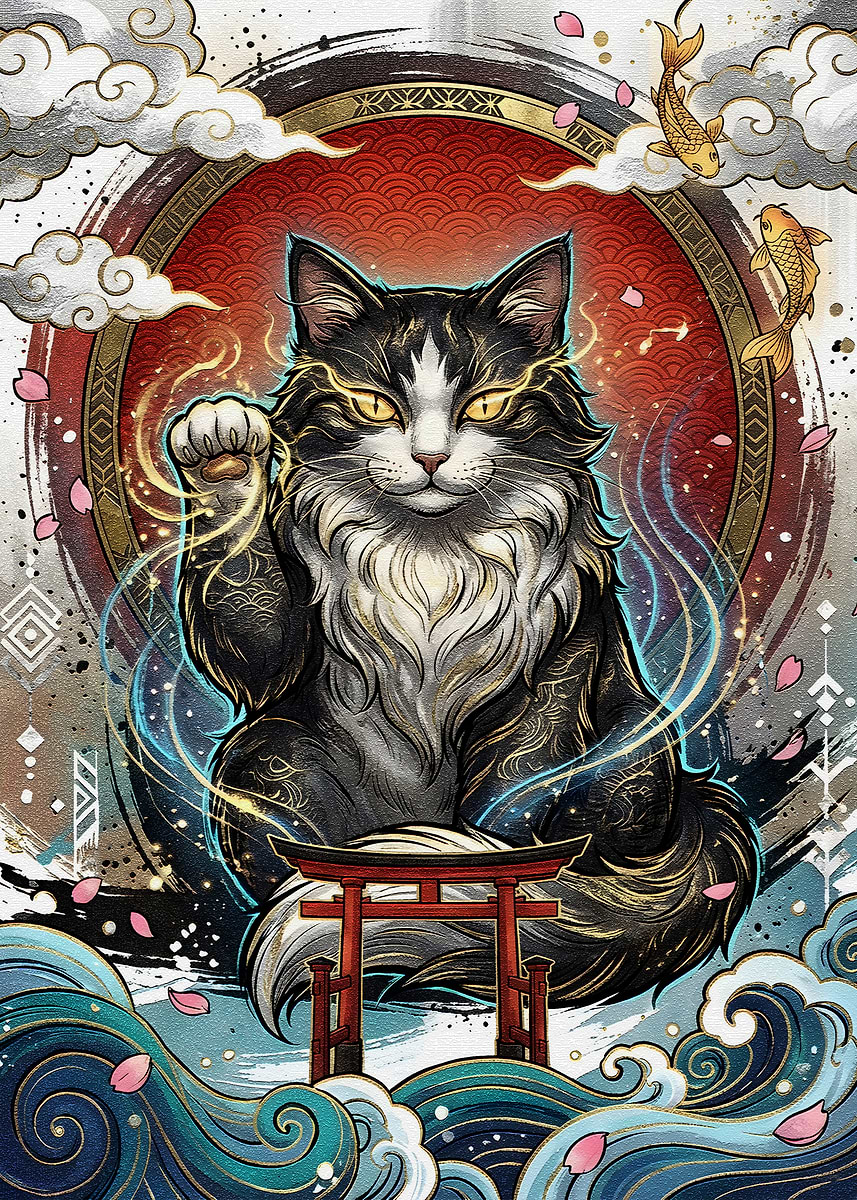 'Maneki Neko Cat Digital Art' Poster, picture, metal print, paint by ...