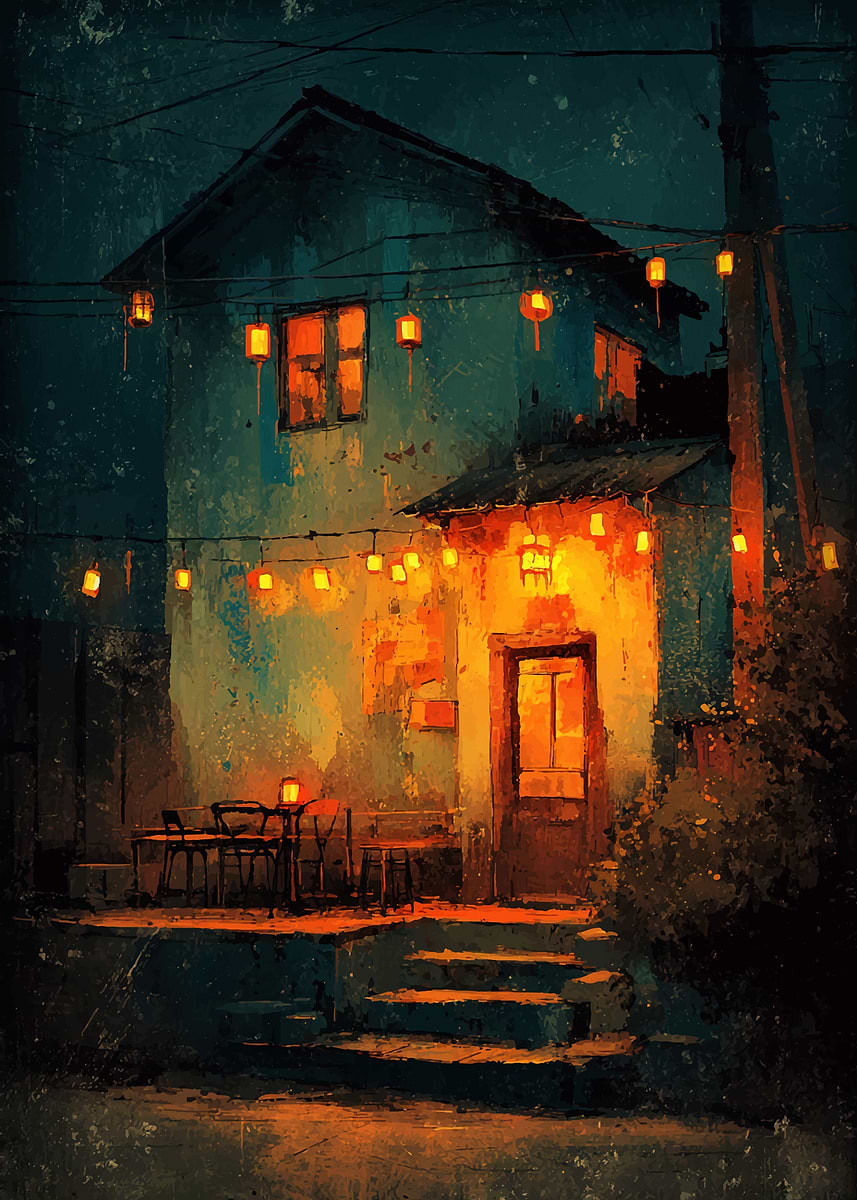 'Nighttime House with Lanterns Painting' Poster, picture, metal print ...