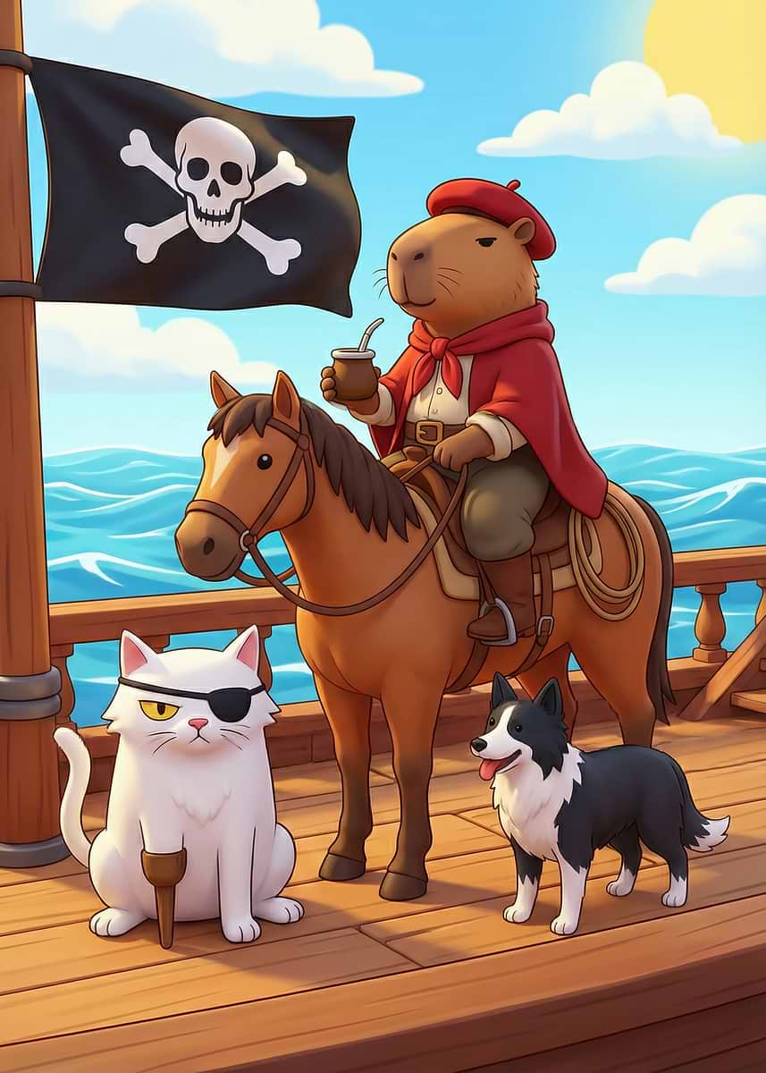 'Pirate Capybara with Crew on Ship' Poster, picture, metal print, paint ...