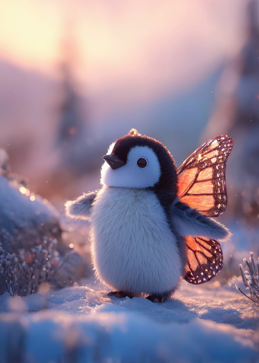 'Penguin with Butterfly Wings in Snow' Poster, picture, metal print ...