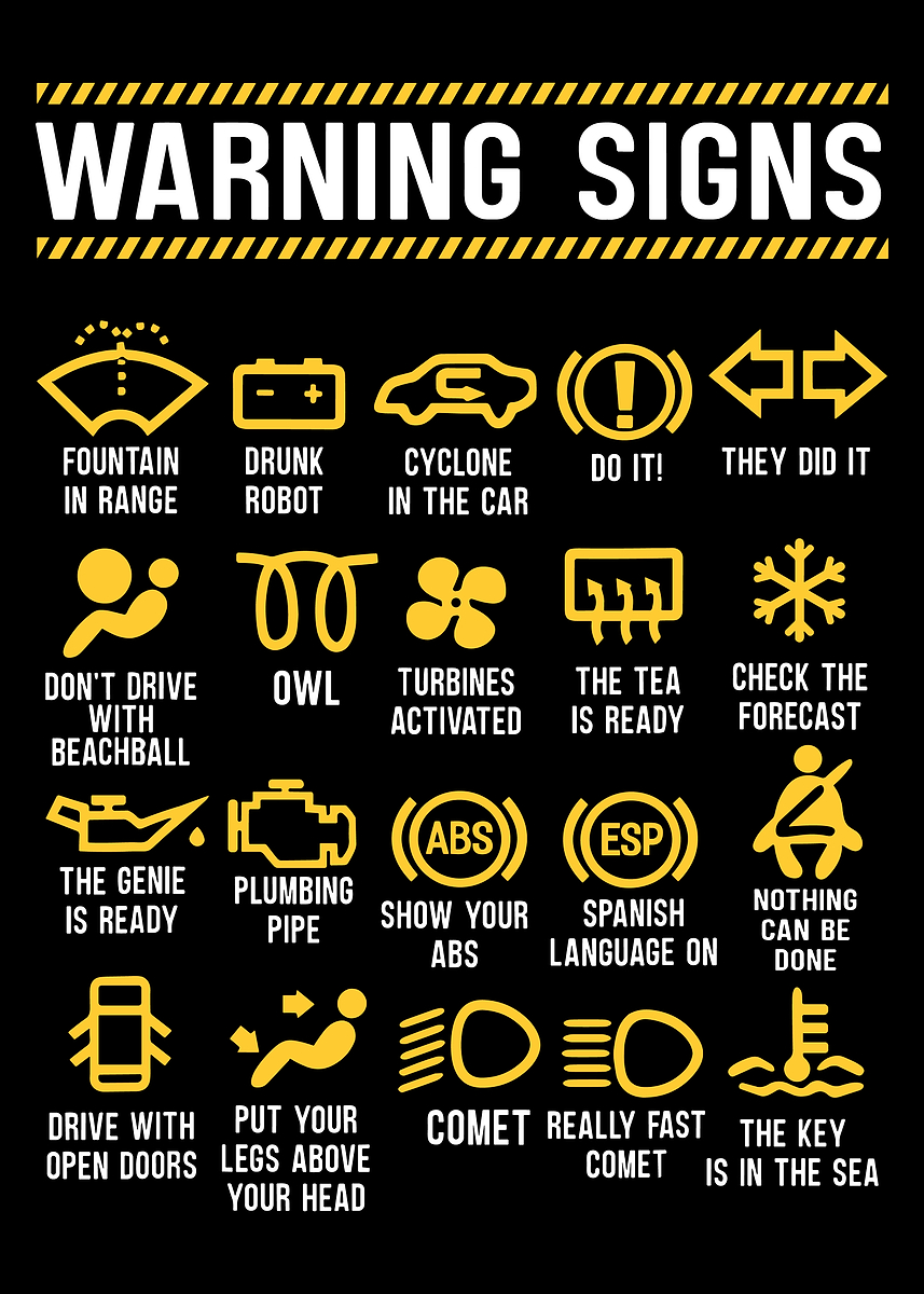 'Funny Car Warning Lights Poster, Humorous Auto Symbols Chart, Mechanic ...