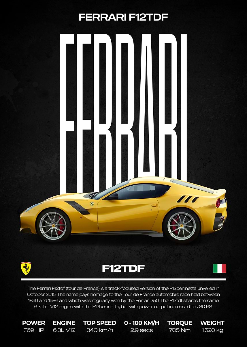 'Ferrari F12tdf Yellow Car Poster' Poster, picture, metal print, paint ...