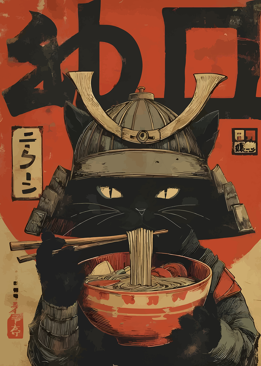 'Samurai Cat Eating Ramen Illustration' Poster, picture, metal print ...