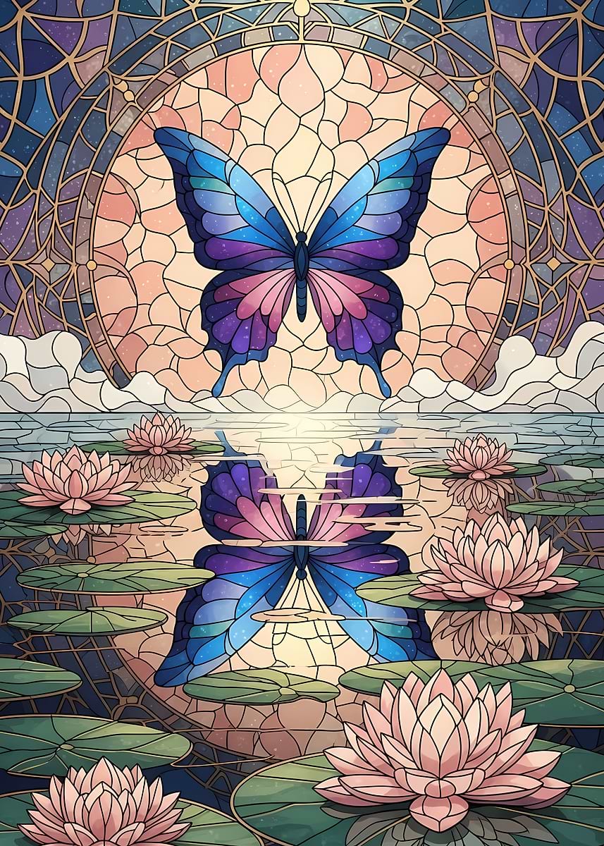 'Butterfly and Water Lilies Stained Glass' Poster, picture, metal print ...