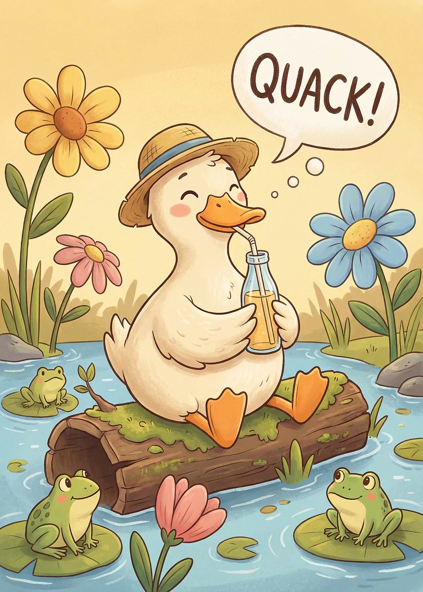 'Duck Drinking Juice with Frogs' Poster, picture, metal print, paint by ...