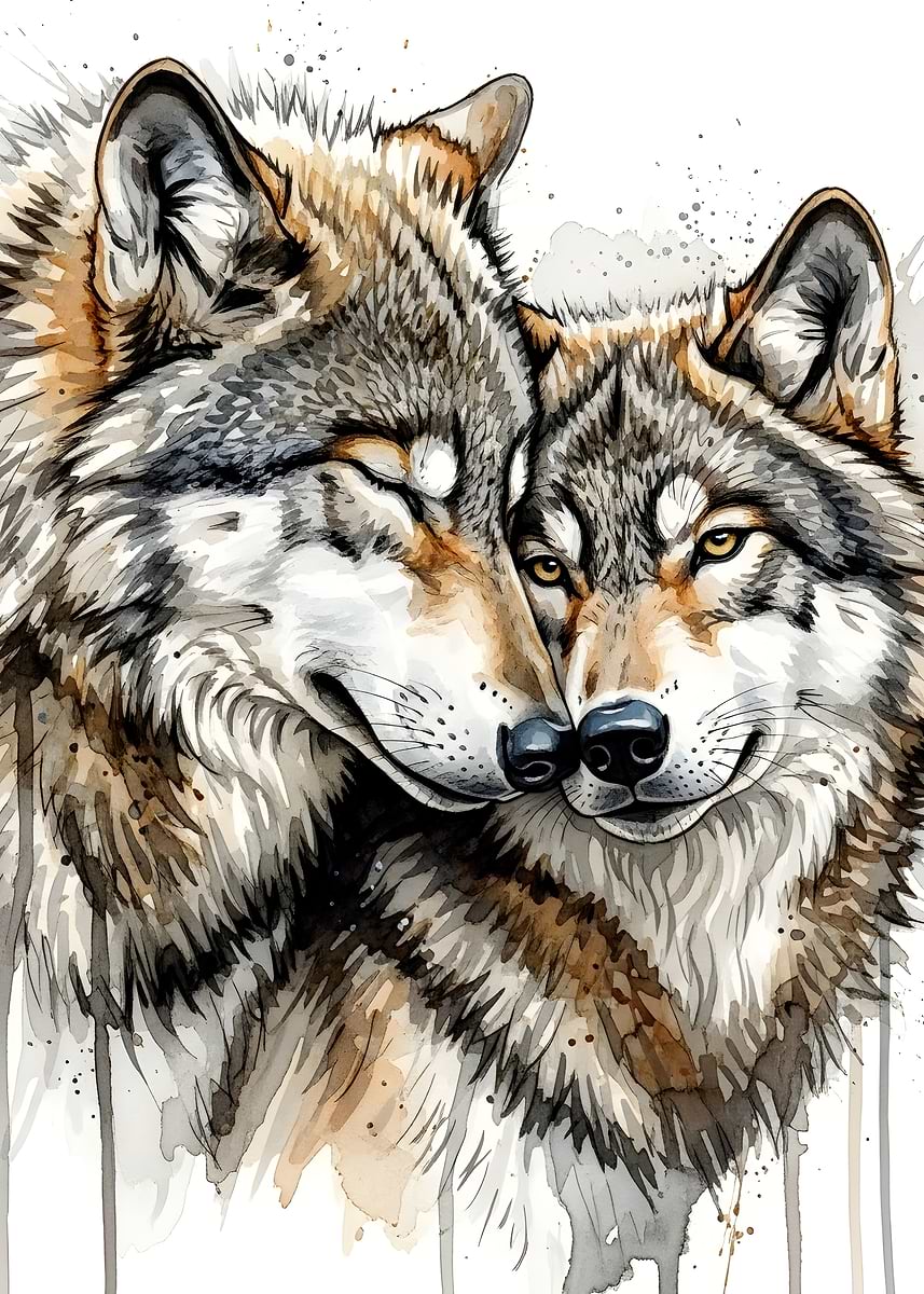 'Watercolor Wolves in Affectionate Embrace' Poster, picture, metal ...