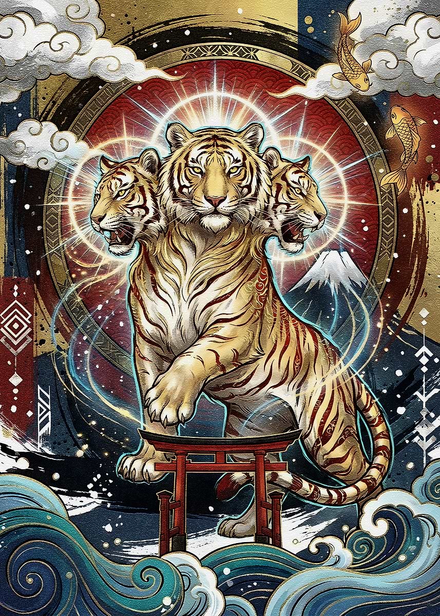 'Three-Headed Tiger Japanese Art' Poster, picture, metal print, paint ...