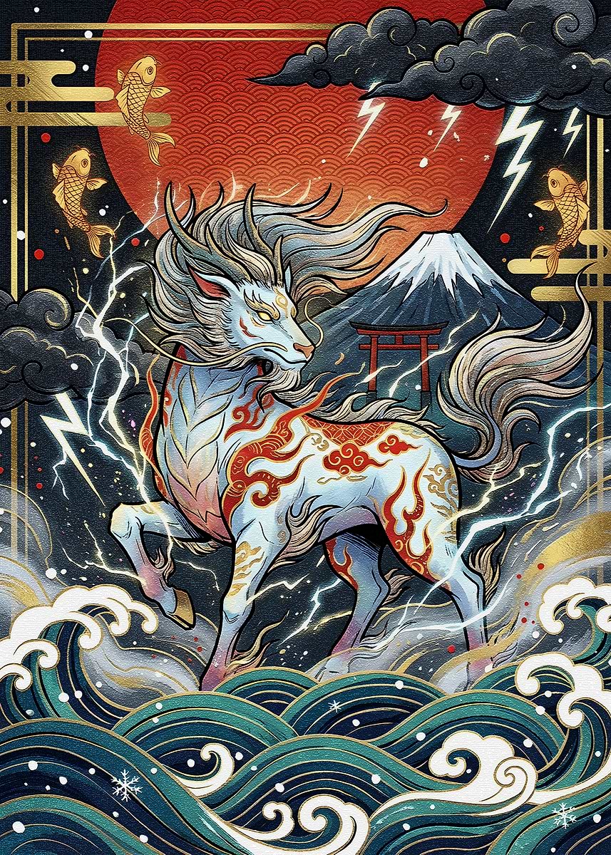 'Kirins and Mount Fuji Digital Art' Poster, picture, metal print, paint ...