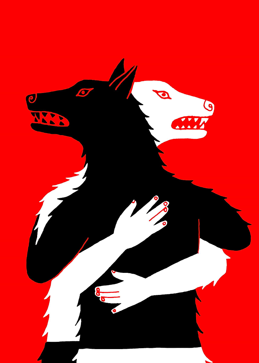 'Two-Headed Wolf Embrace' Poster, picture, metal print, paint by ...