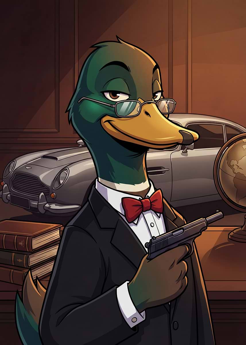 'Duck Agent with Gun and Car' Poster, picture, metal print, paint by ...