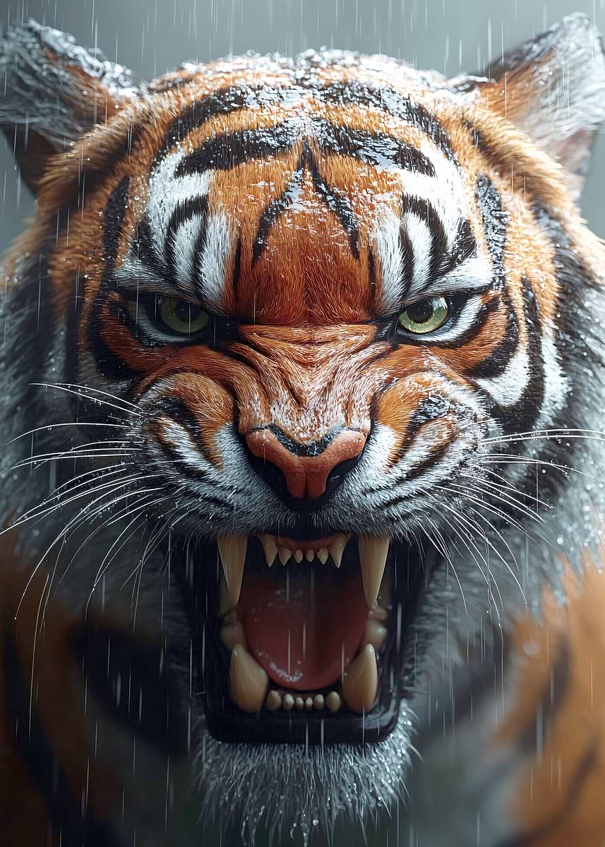 'Roaring Tiger in the Rain' Poster, picture, metal print, paint by ...