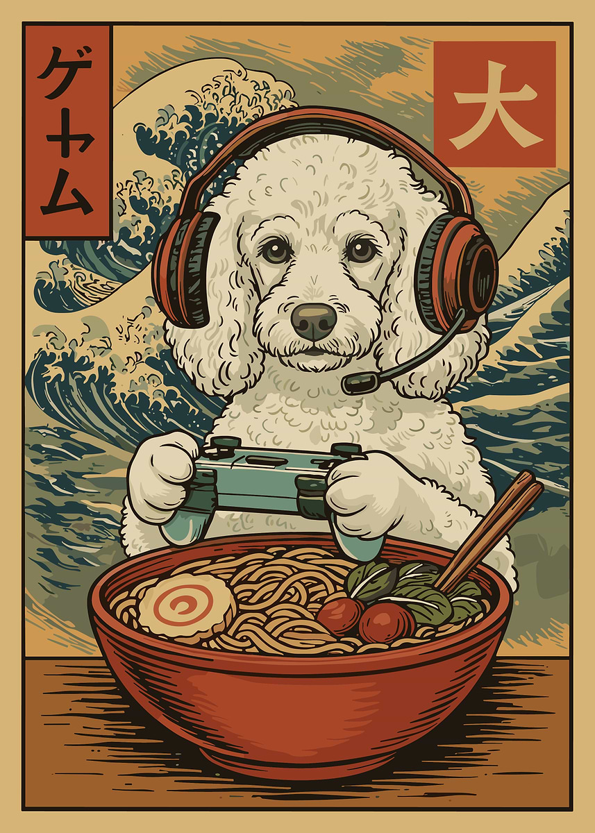 'Poodle Gamer Ramen Poster, Cute Japanese Food Art, Anime Style Wall ...
