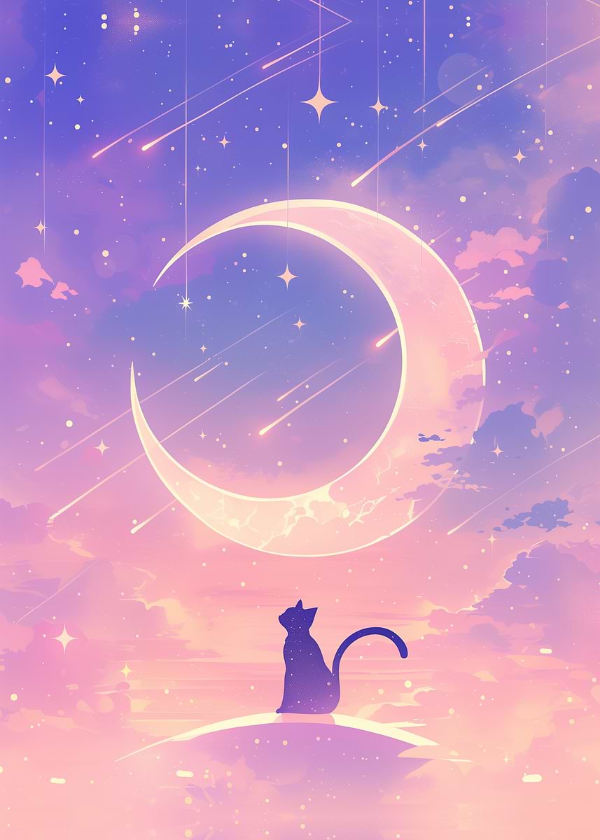 'Moon And Sun: cat Moon with stars' Poster, picture, metal print, paint ...