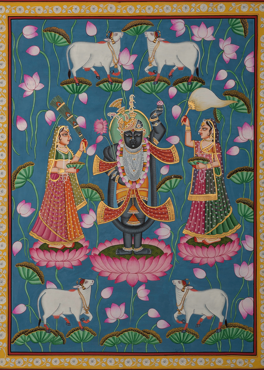 'Krishna with attendants and cows painting' Poster, picture, metal ...