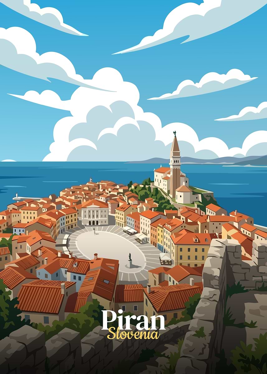 'Piran Slovenia Cityscape Illustration' Poster, picture, metal print ...