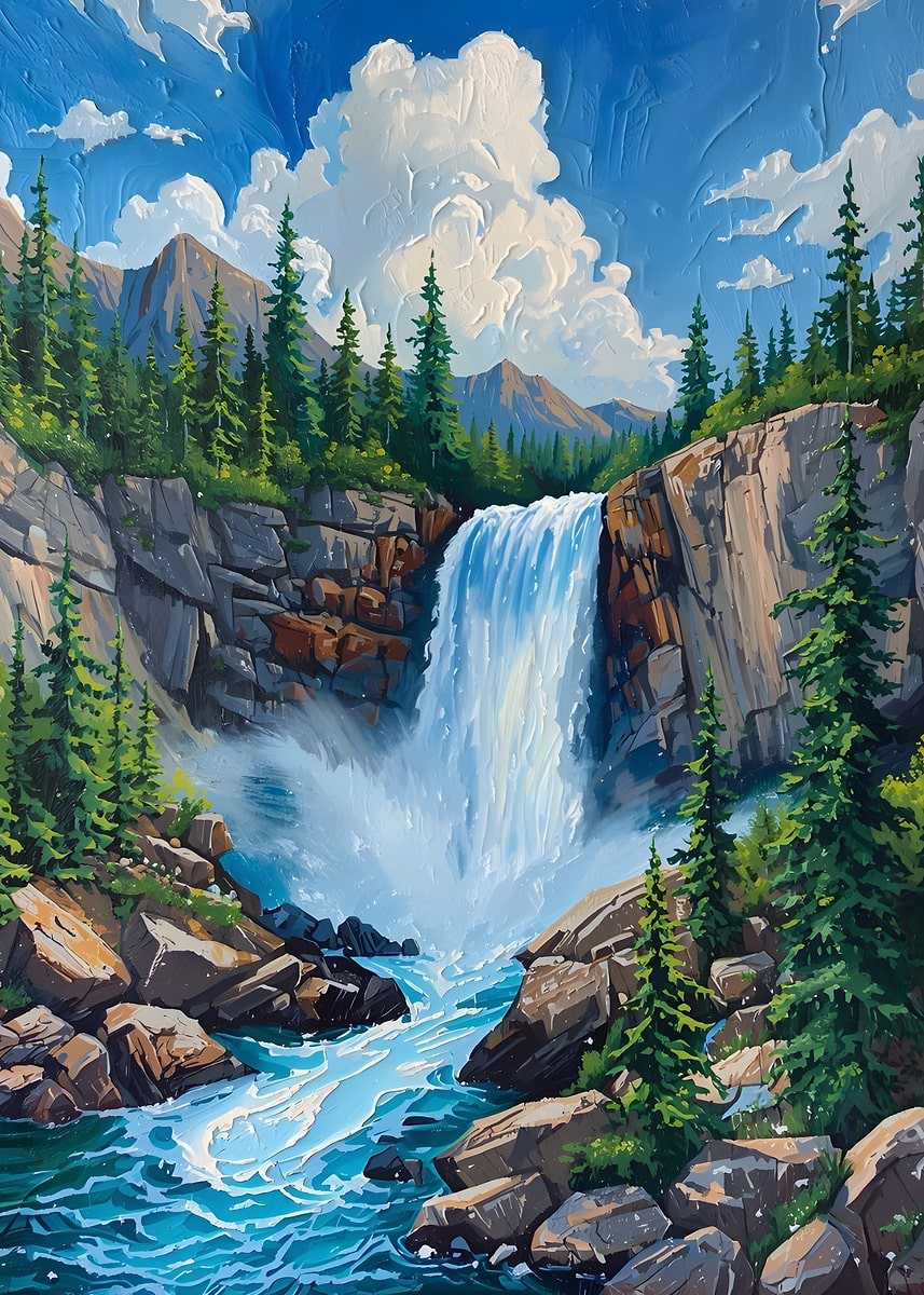 'Waterfall Landscape Painting' Poster, picture, metal print, paint by ...