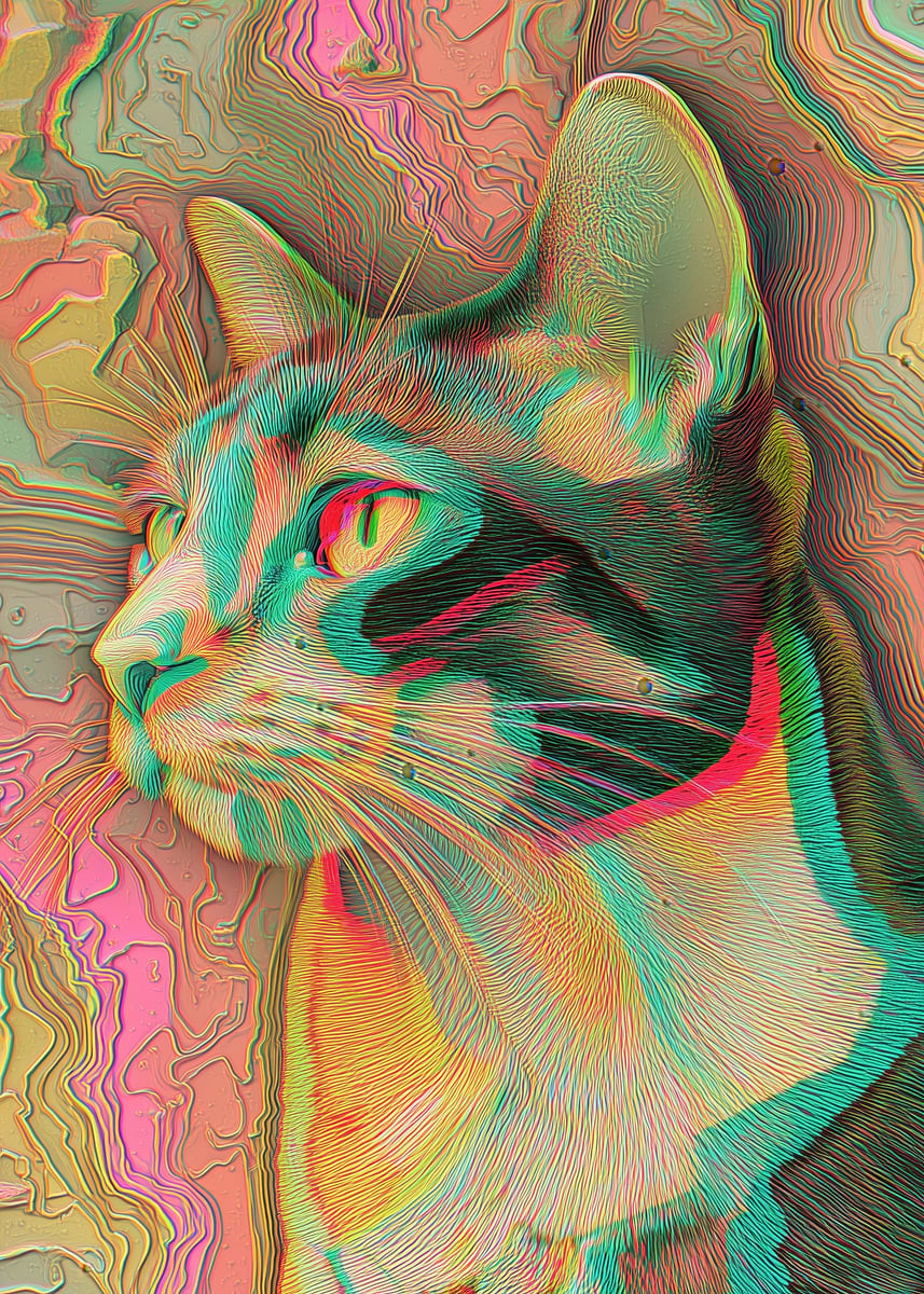 'Psychedelic Trippy Cat Portrait' Poster, picture, metal print, paint ...