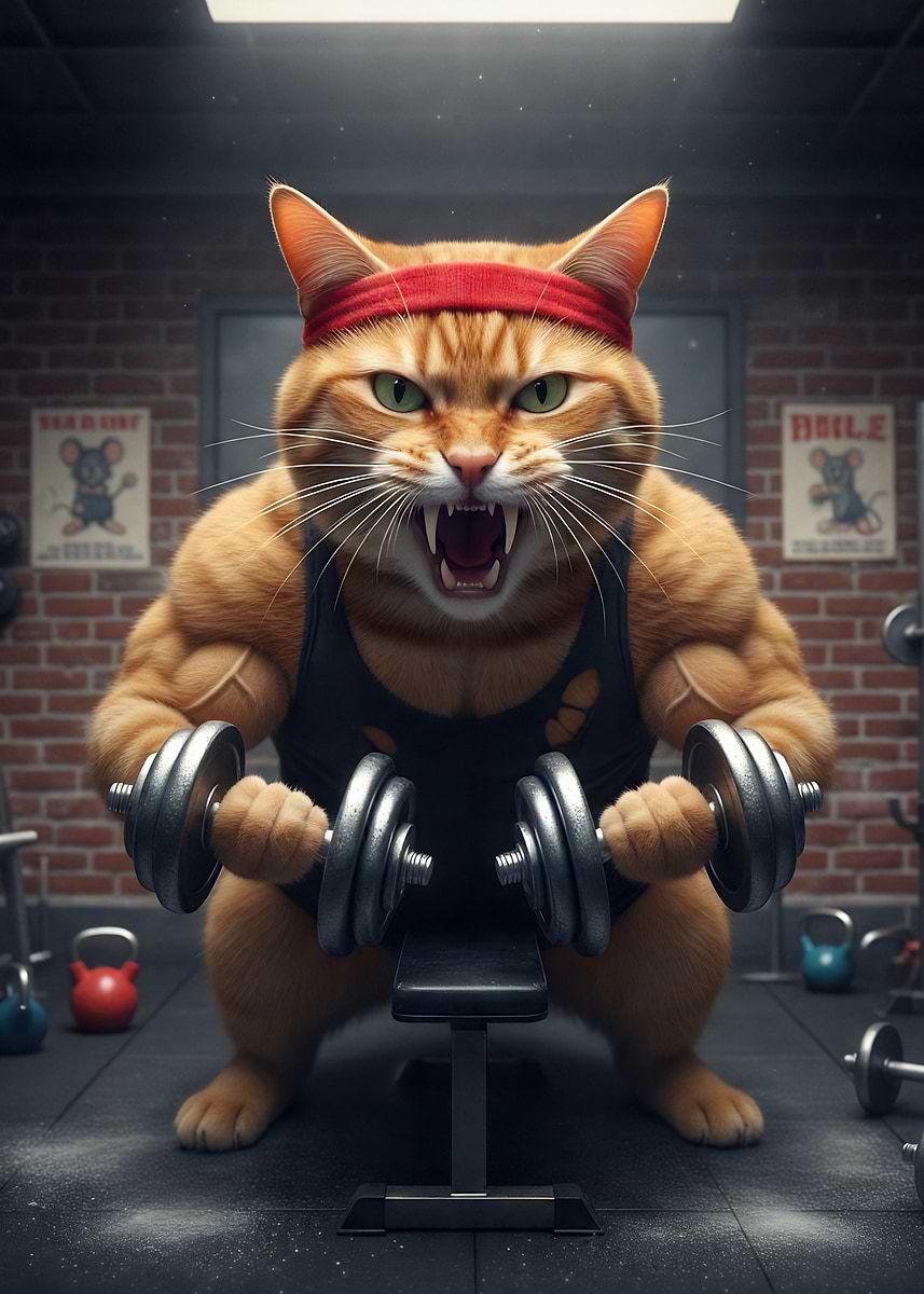 'Muscular Cat Lifting Weights in Gym' Poster, picture, metal print ...