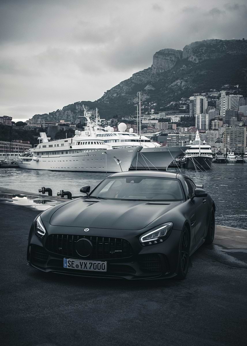 'Black Mercedes-AMG GT with Yacht Backdrop' Poster, picture, metal ...