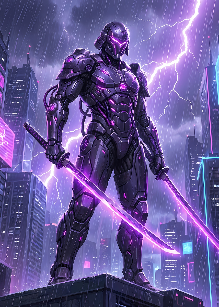 'Cyberpunk Samurai in Rainy Cityscape' Poster, picture, metal print ...