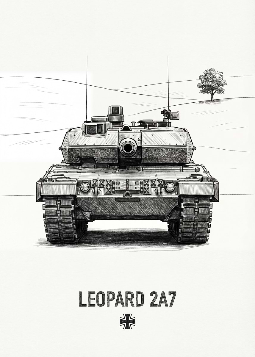 'Leopard 2A7 Tank Black and White' Poster, picture, metal print, paint ...