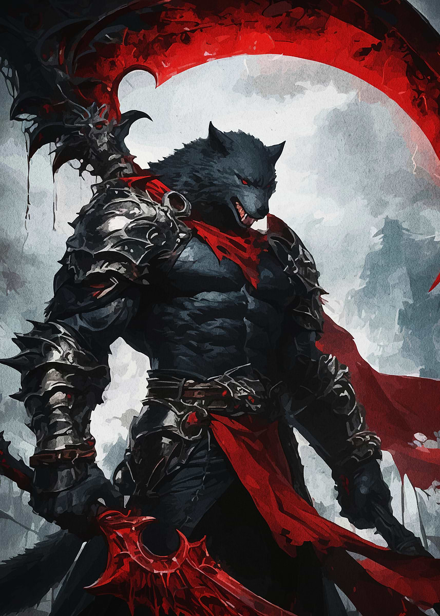 'Armored Wolf Warrior with Red Scythe' Poster, picture, metal print ...