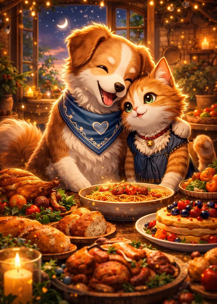 'Festive Feast with Dog and Cat' Poster, picture, metal print, paint by ...
