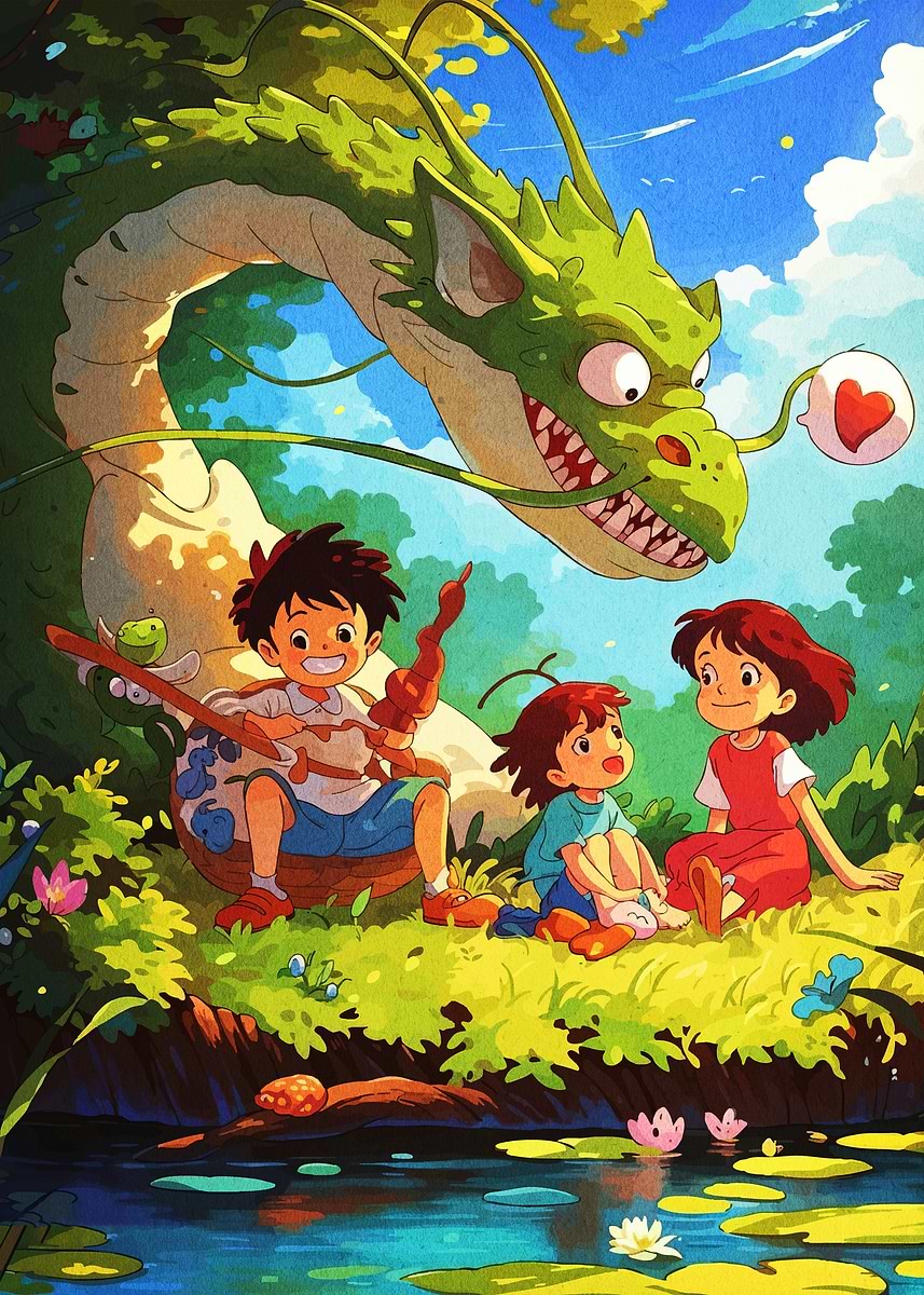 'Children with Dragon by Pond' Poster, picture, metal print, paint by ...