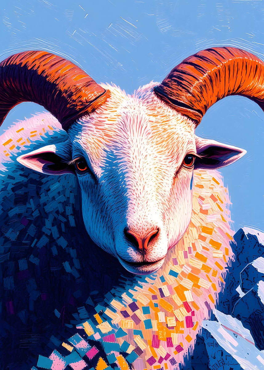 'Colorful Ram Portrait with Mountain Backdrop' Poster, picture, metal ...